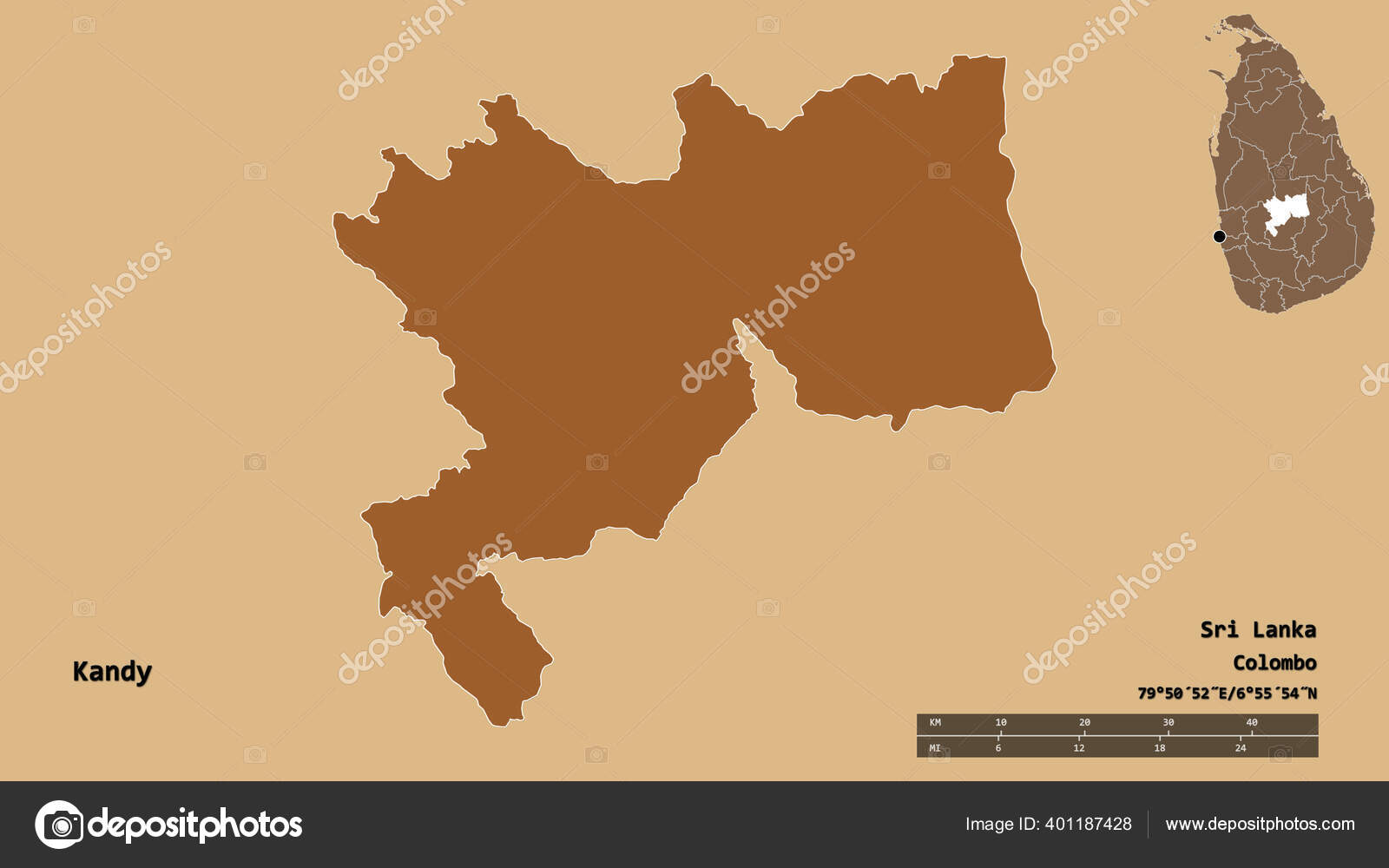 Shape Kandy District Sri Lanka Its Capital Isolated Solid Background ...