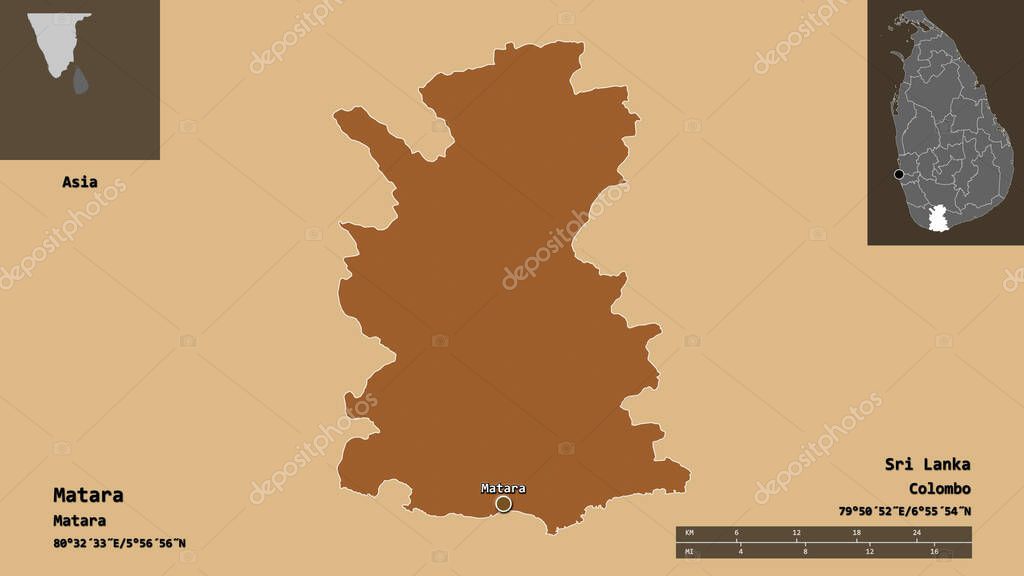 Forma de Matara, distrito de Sri Lanka, y su capital. Escala de ...