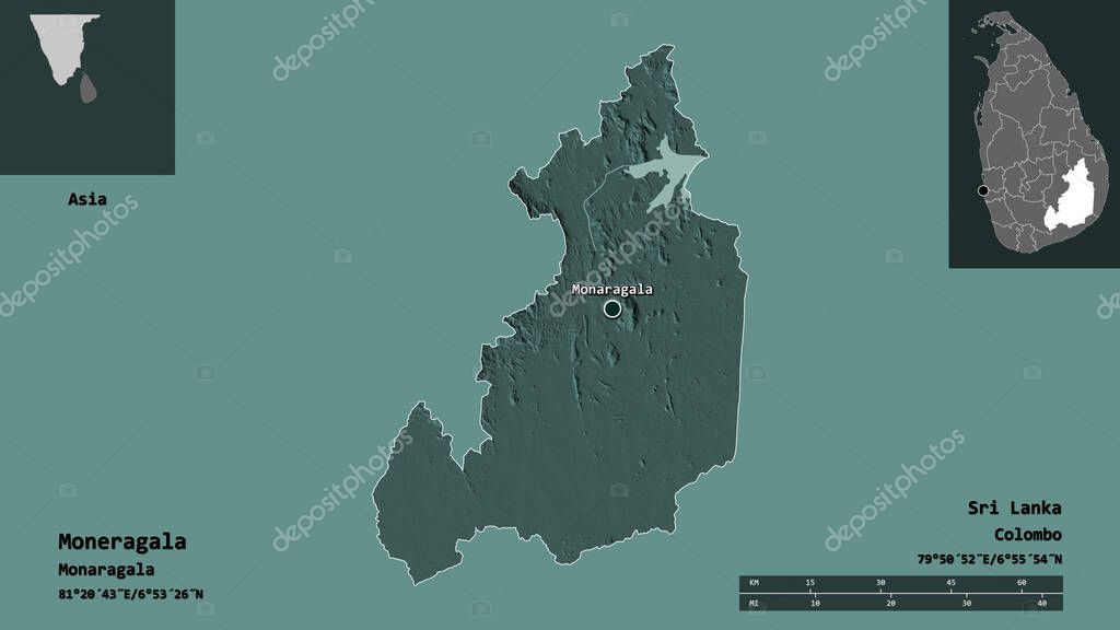 Forma de Moneragala, distrito de Sri Lanka, y su capital. Escala de ...