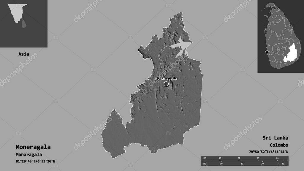 Forma de Moneragala, distrito de Sri Lanka, y su capital. Escala de ...