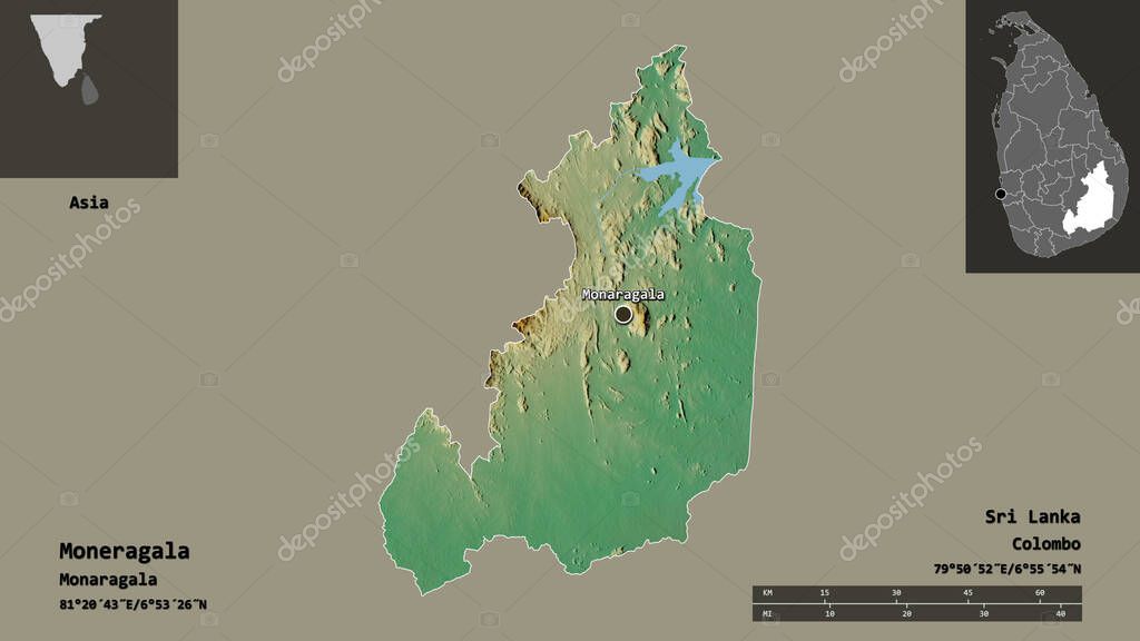 Forma de Moneragala, distrito de Sri Lanka, y su capital. Escala de ...