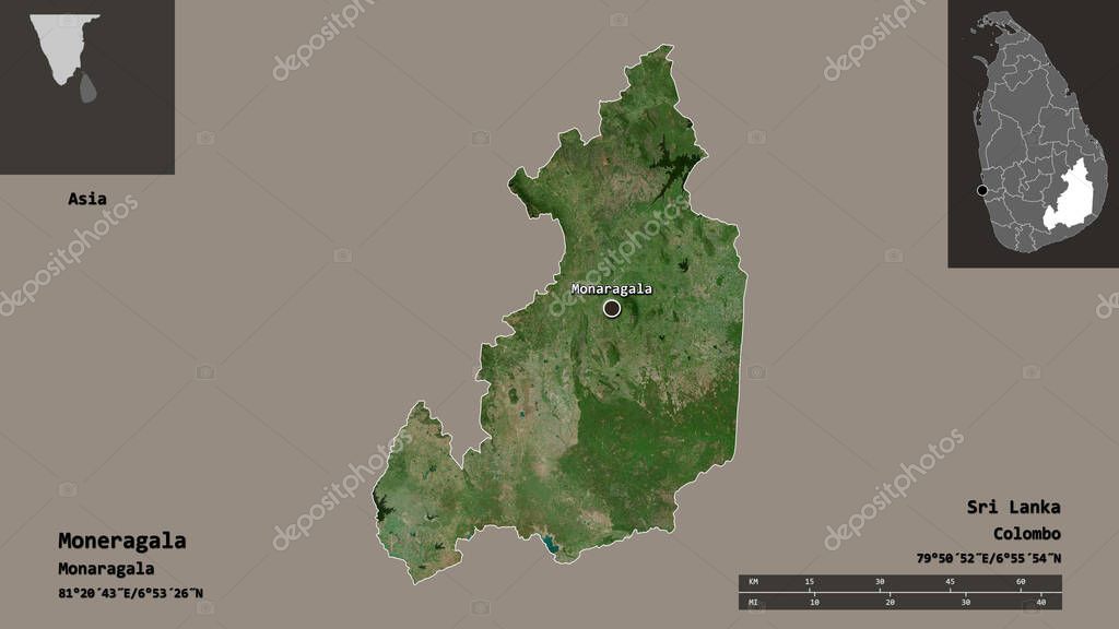 Forma de Moneragala, distrito de Sri Lanka, y su capital. Escala de ...