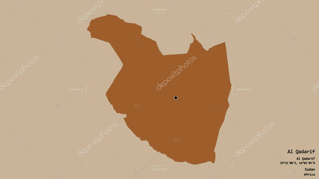Zona de Al Qadarif, estado de Sudán, aislada sobre un sólido fondo en ...