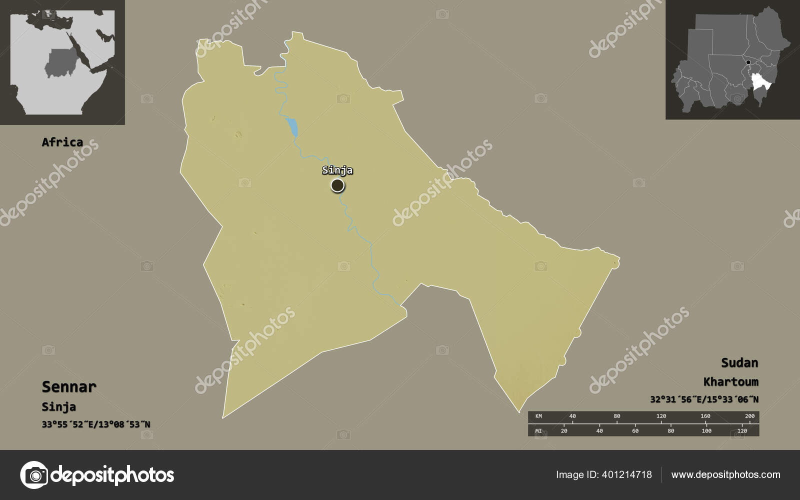 Shape Sennar State Sudan Its Capital Distance Scale Previews Labels ...