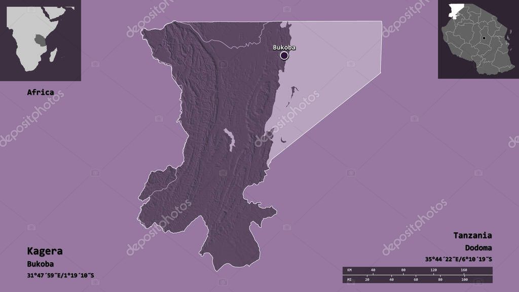 Forma de Kagera, región de Tanzania, y su capital. Escala de distancia ...