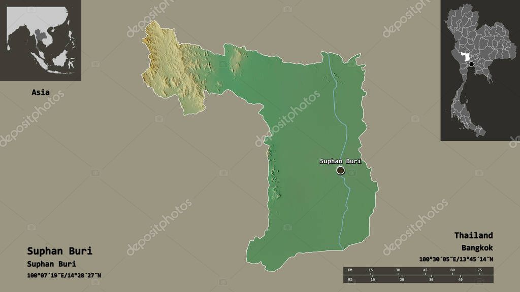 Forma de Suphan Buri, provincia de Tailandia, y su capital. Escala de distancia, vistas previas ...