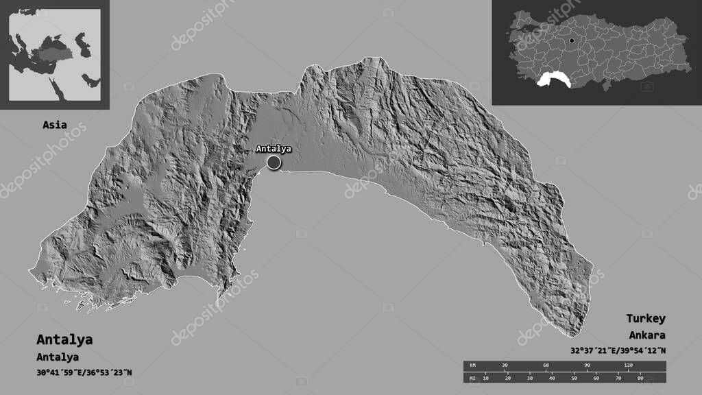Forma de Antalya, provincia de Turquía, y su capital. Escala de ...