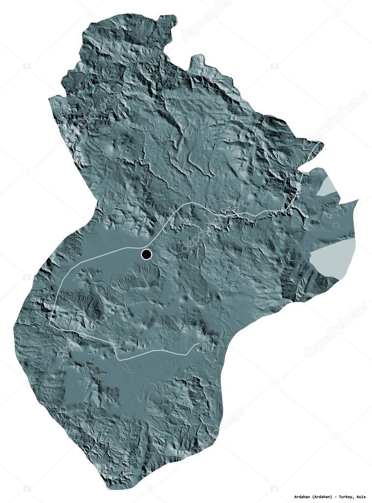 Forma de Ardahan, provincia de Turquía, con su capital aislada sobre fondo blanco. Mapa de ...