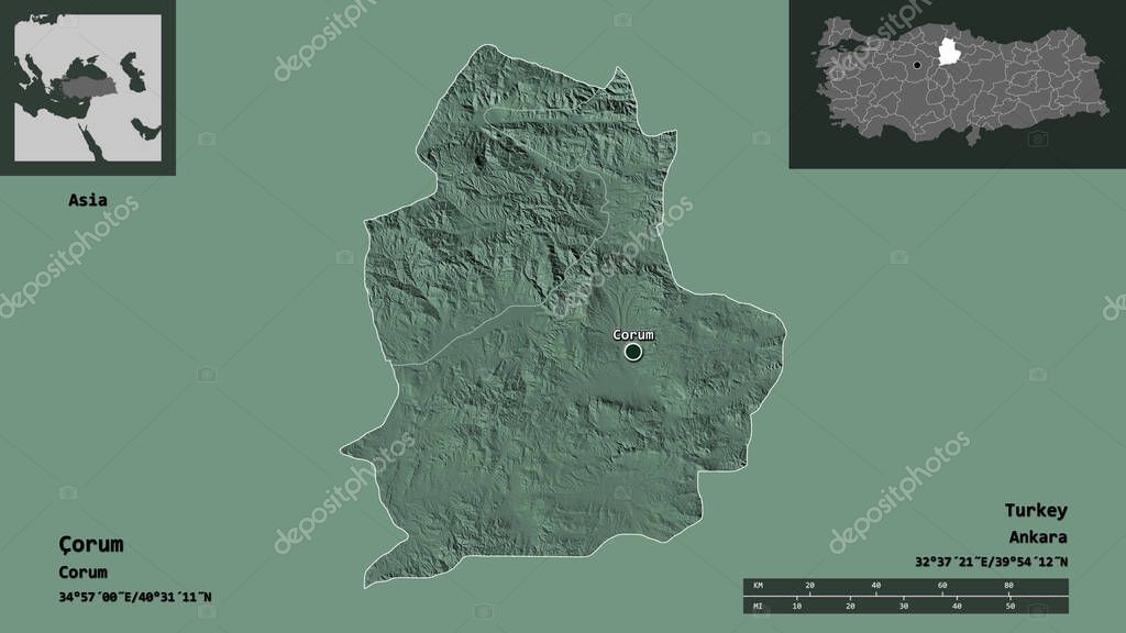 Forma de Corum, provincia de Turquía, y su capital. Escala de distancia ...