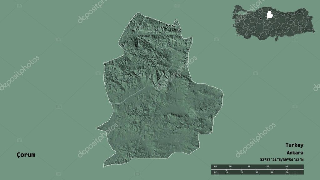 Forma de Corum, provincia de Turquía, con su capital aislada sobre un ...