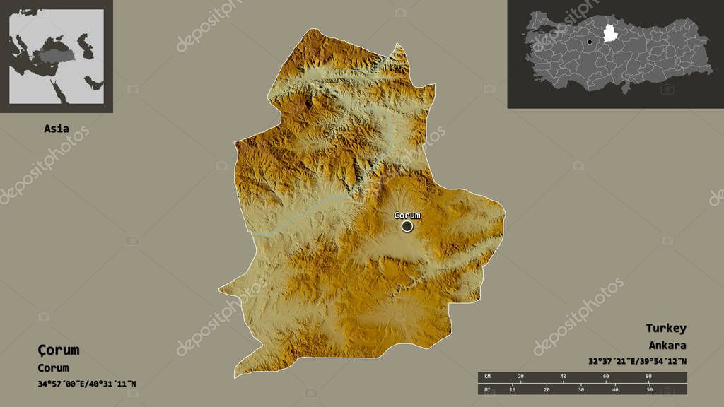 Forma de Corum, provincia de Turquía, y su capital. Escala de distancia ...