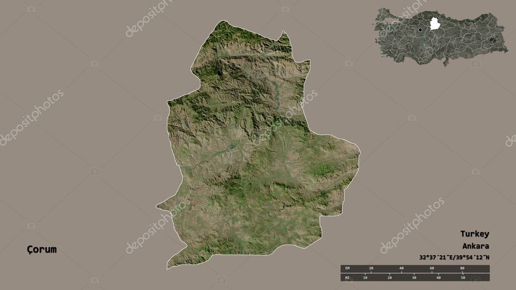 Forma de Corum, provincia de Turquía, con su capital aislada sobre un ...