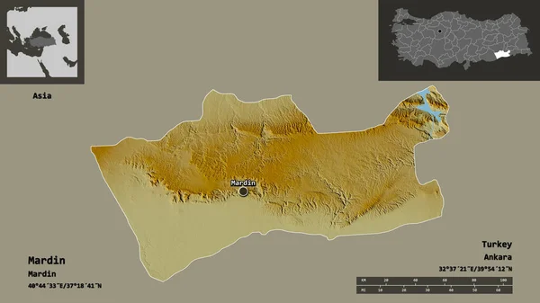 Shape of Mardin, province of Turkey, and its capital. Distance scale ...
