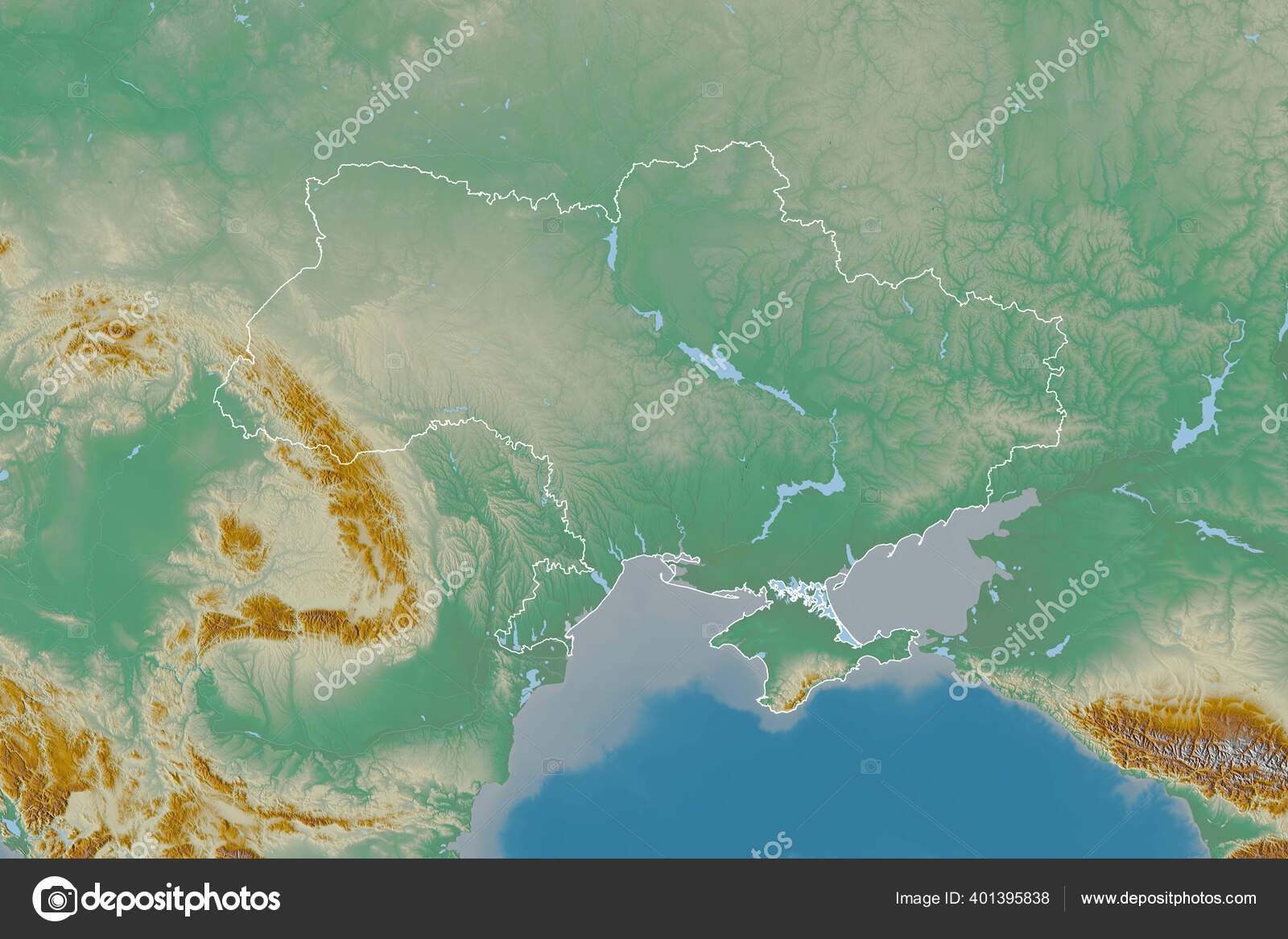 Extended Area Outlined Ukraine Topographic Relief Map Rendering — Stock ...