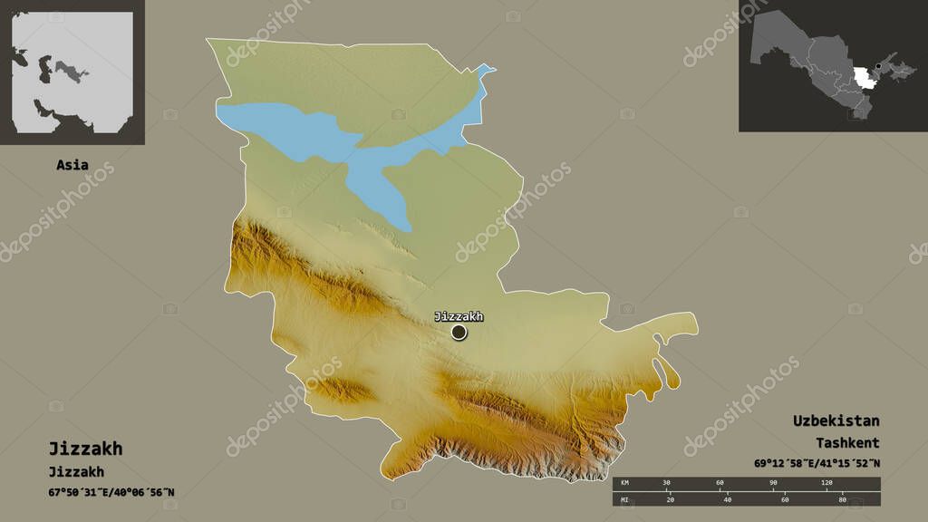 Forma de jalá, región de Uzbekistán, y su capital. Escala de distancia ...