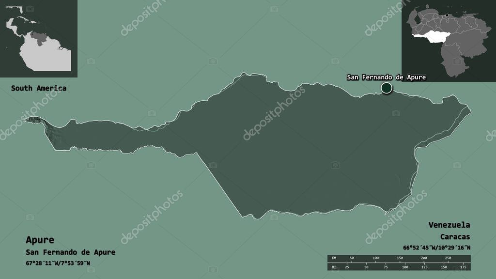 Forma de Apure, estado de Venezuela, y su capital. Escala de distancia ...
