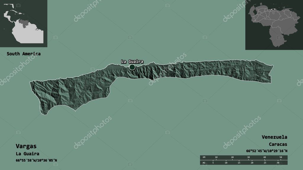 Forma de Vargas, estado de Venezuela, y su capital. Escala de distancia ...