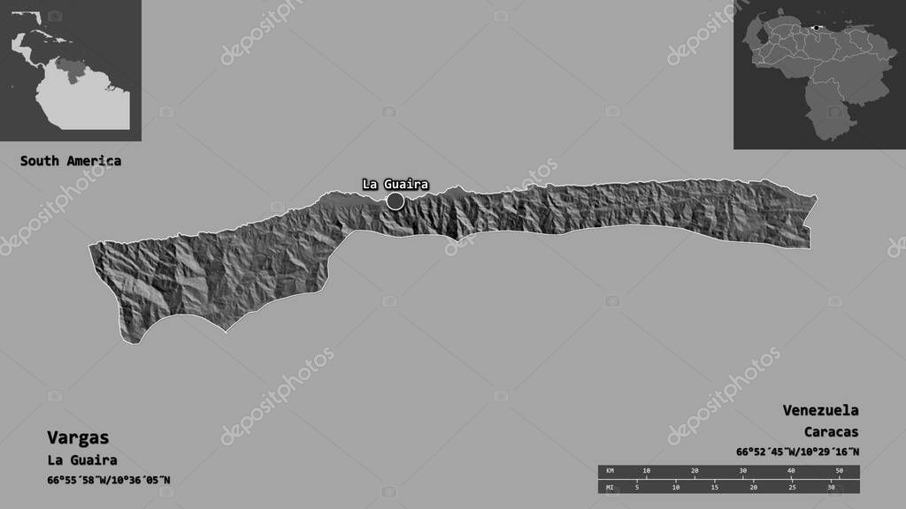 Forma de Vargas, estado de Venezuela, y su capital. Escala de distancia ...