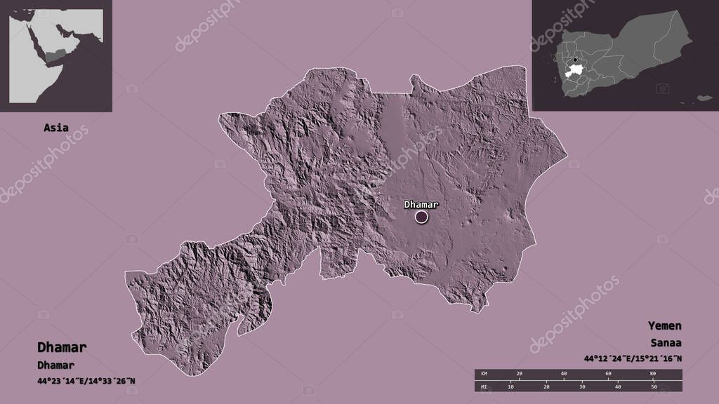 Forma de Dhamar, provincia de Yemen, y su capital. Escala de distancia ...