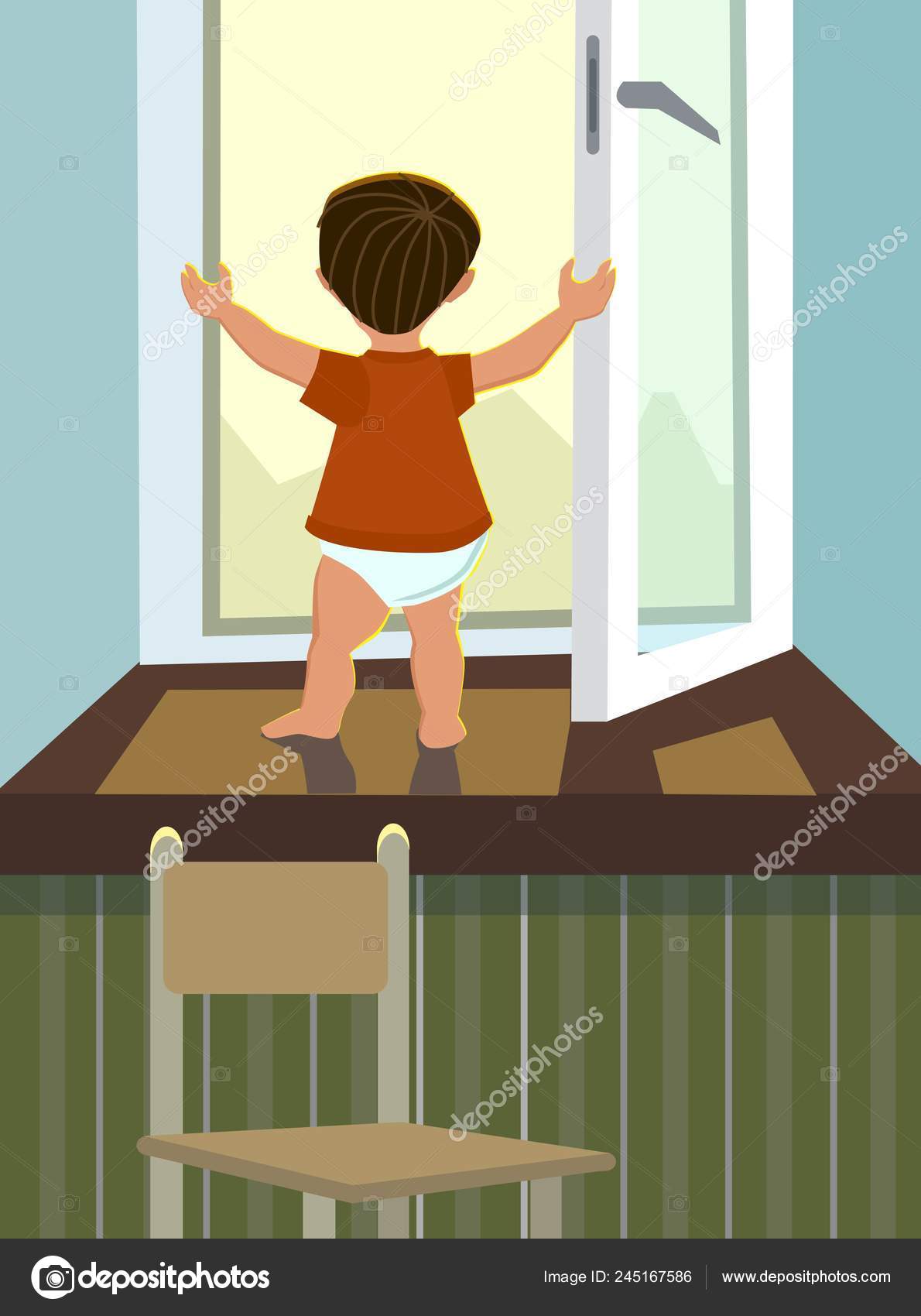Boy Stands Open Window Concept Child Danger Vector Illustration Cartoon ...