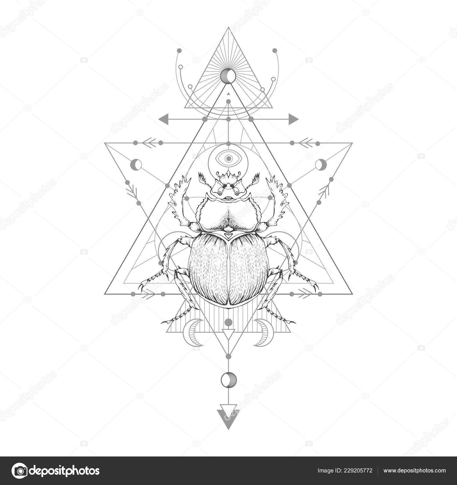 Vector Illustration Hand Drawn Scarab Sacred Geometric Symbol White ...