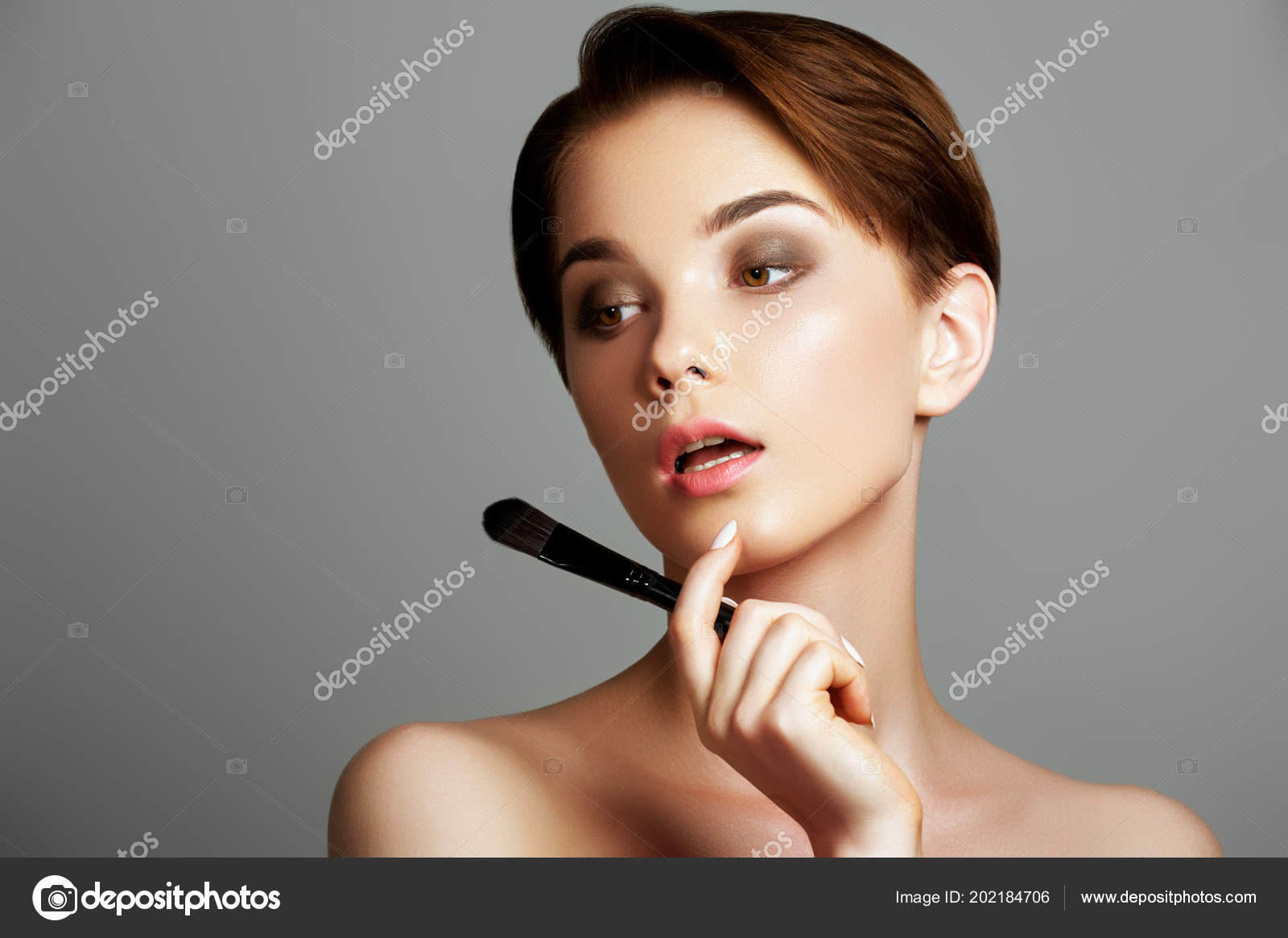 Beautiful Young Woman Applying Foundation Her Face Makeup Brush ...