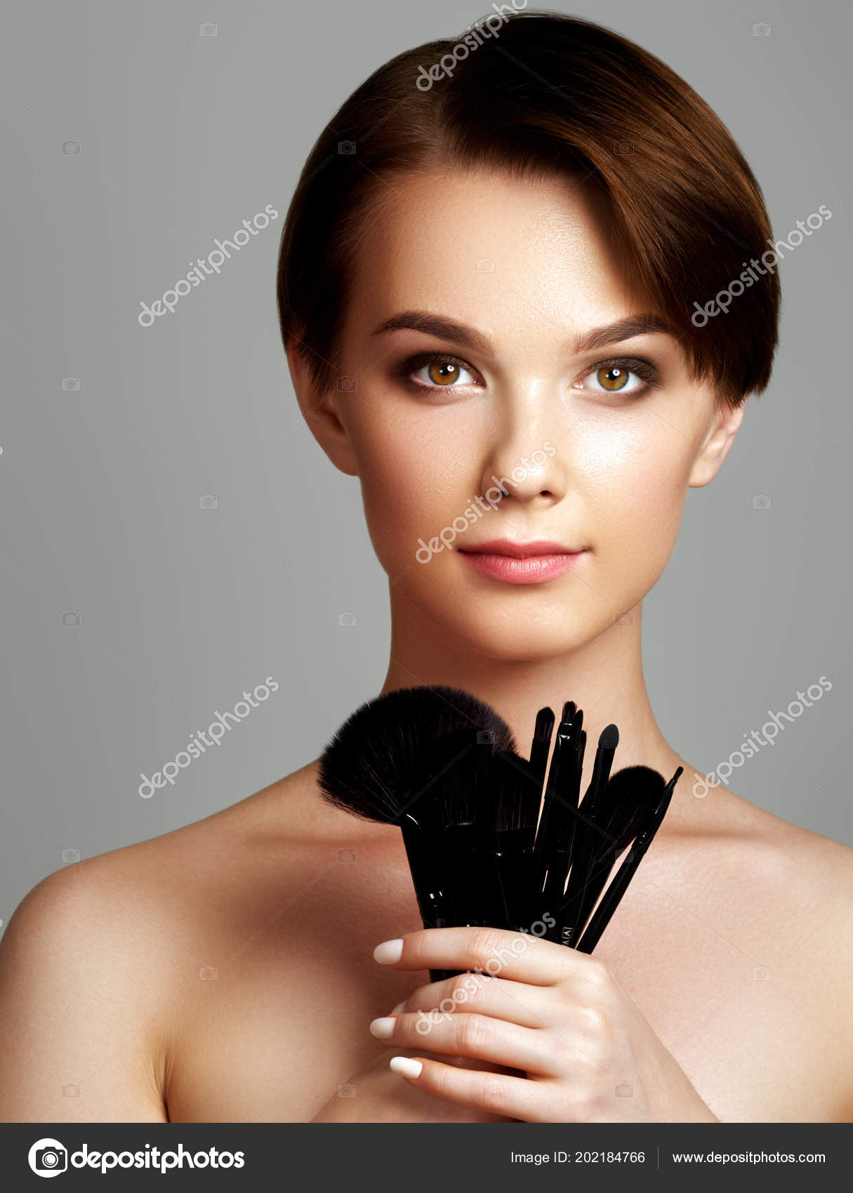 Beautiful Young Woman Applying Foundation Her Face Make Brush Isolated ...