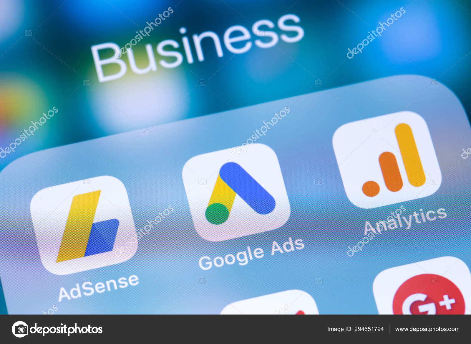 Google services icon apps on the screen smartphone closeup. Goog ...