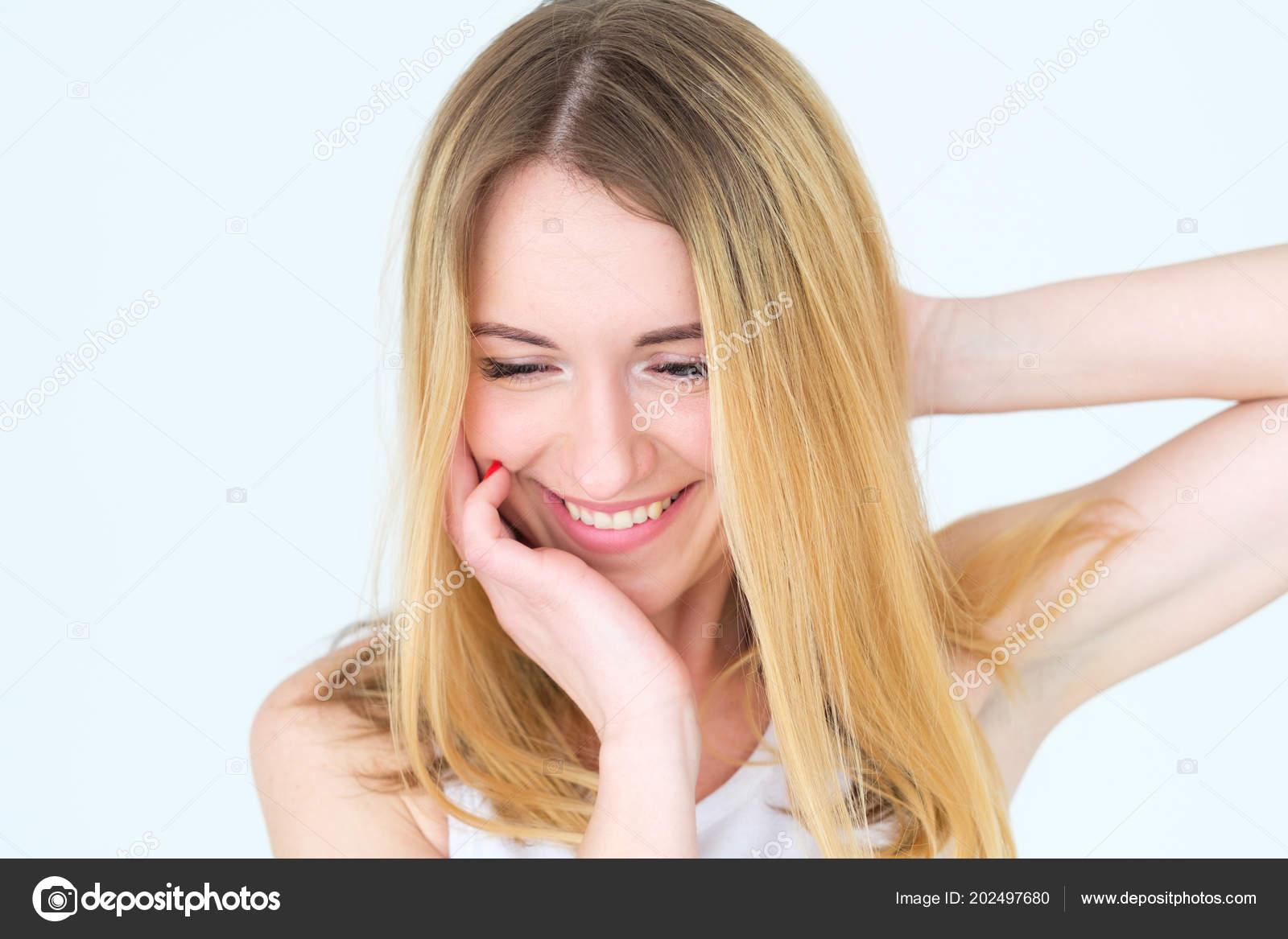 Emotion face content beautiful dreamy young woman Stock Photo by ...
