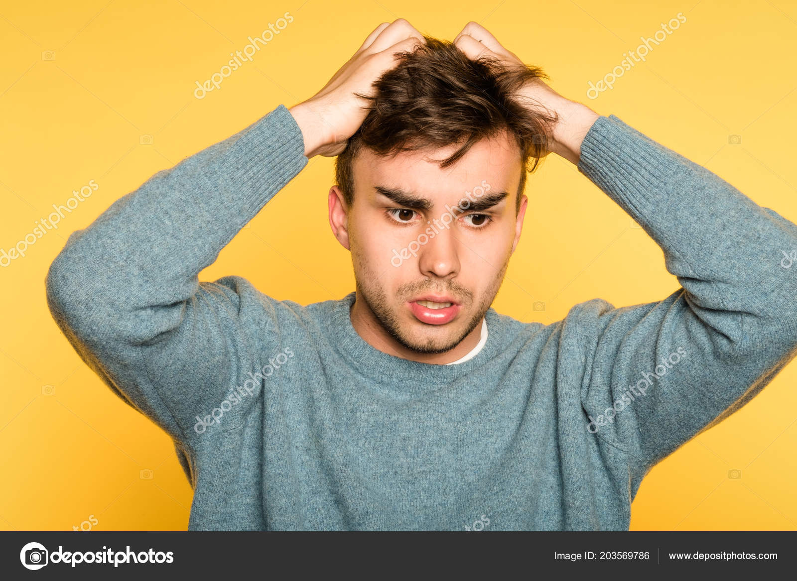 Sad worried distraught man pull hair out emotion — Stock Photo ...