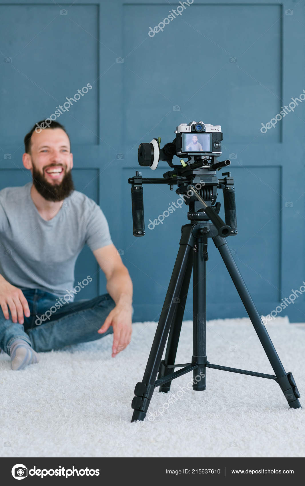 Social media influencer man shoot video content Stock Photo by ...