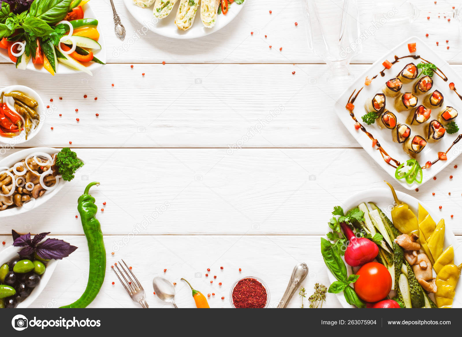Food buffet top view party catering white table Stock Photo by ...