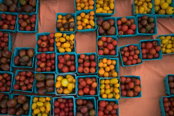 Pint baskets of organic tomatoes on the counter. Fresh organic produce ...