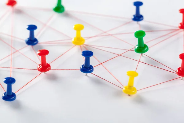 Colorful Pins Connected Strings Isolated Grey Network Concept — Stock ...