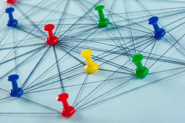 Colorful Pins Connected Strings Isolated Grey Network Concept — Stock ...