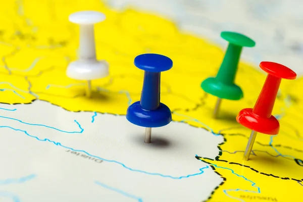 Travel Destination Points Map Indicated Colorful Thumbtacks Stock Photo ...