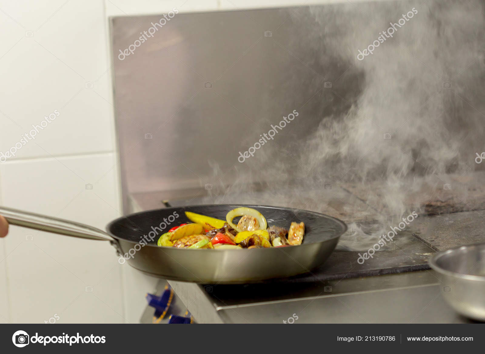 Chef Frying Vegetables Gas Stove Fire Kitchen — Stock Photo ...