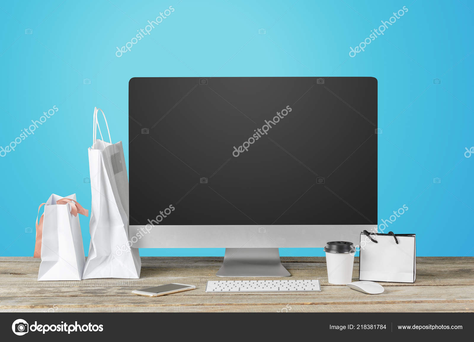 Workplace Modern Desktop Computer Table Blue Background Stock Photo by ...