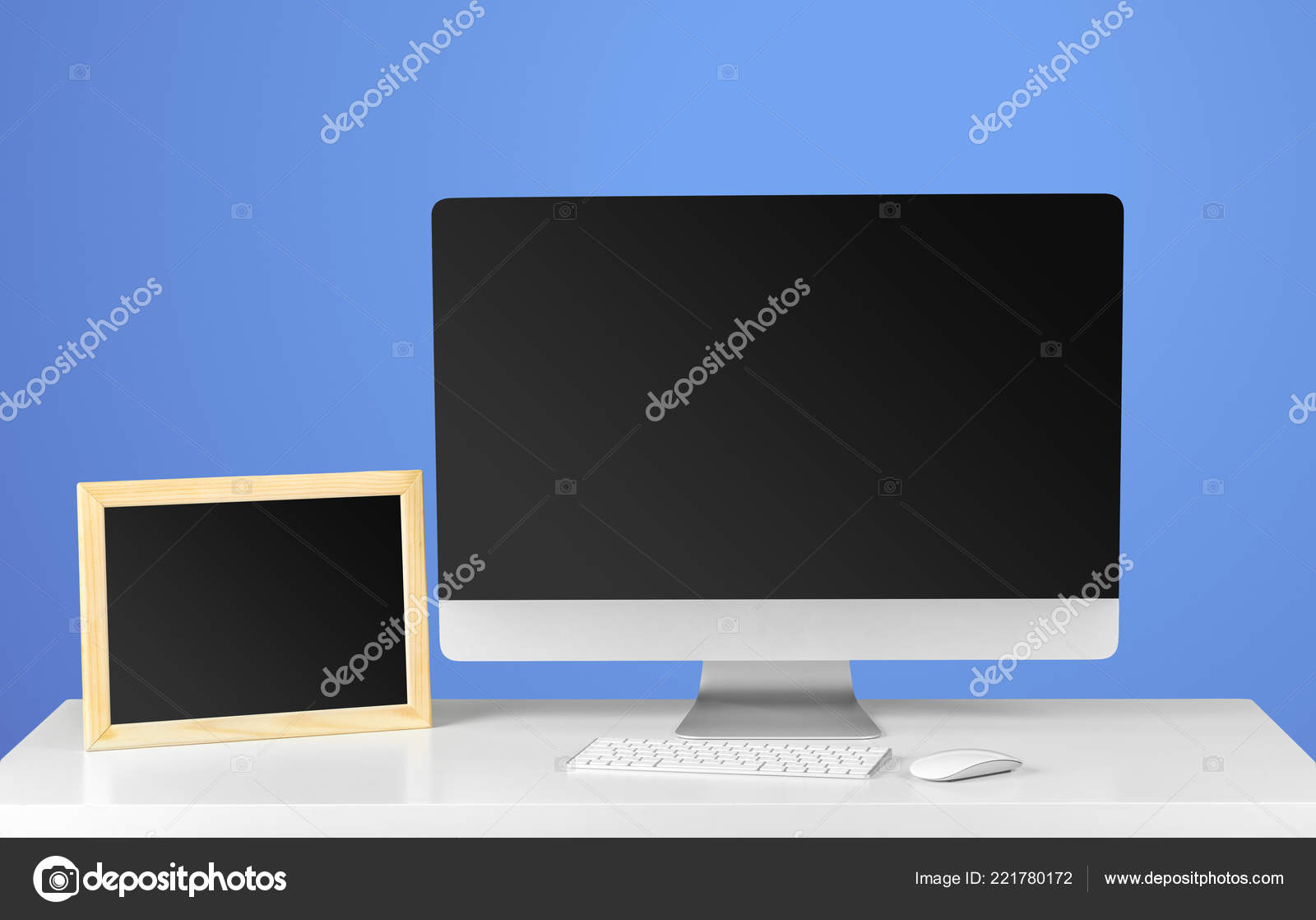 Workplace Modern Desktop Computer Table Purple Background Stock Photo ...