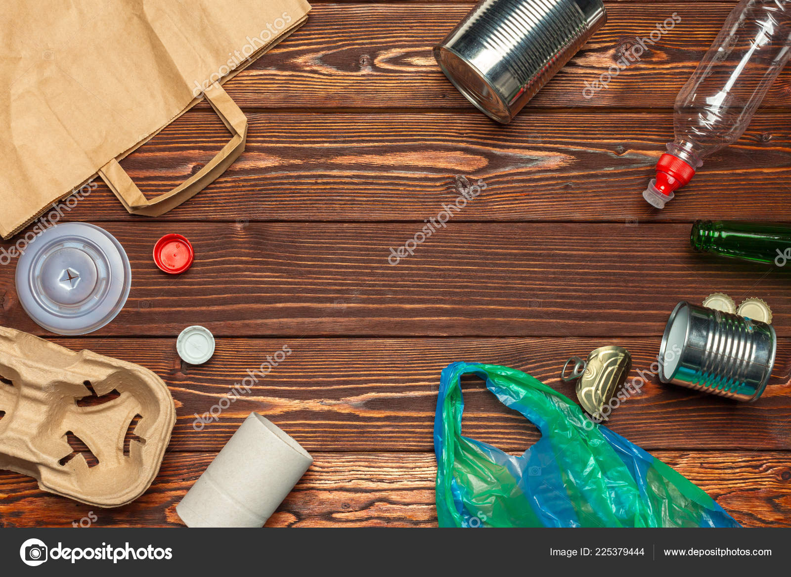 Waste Materials Paper Plastic Polyethylene Wooden Background Stock ...