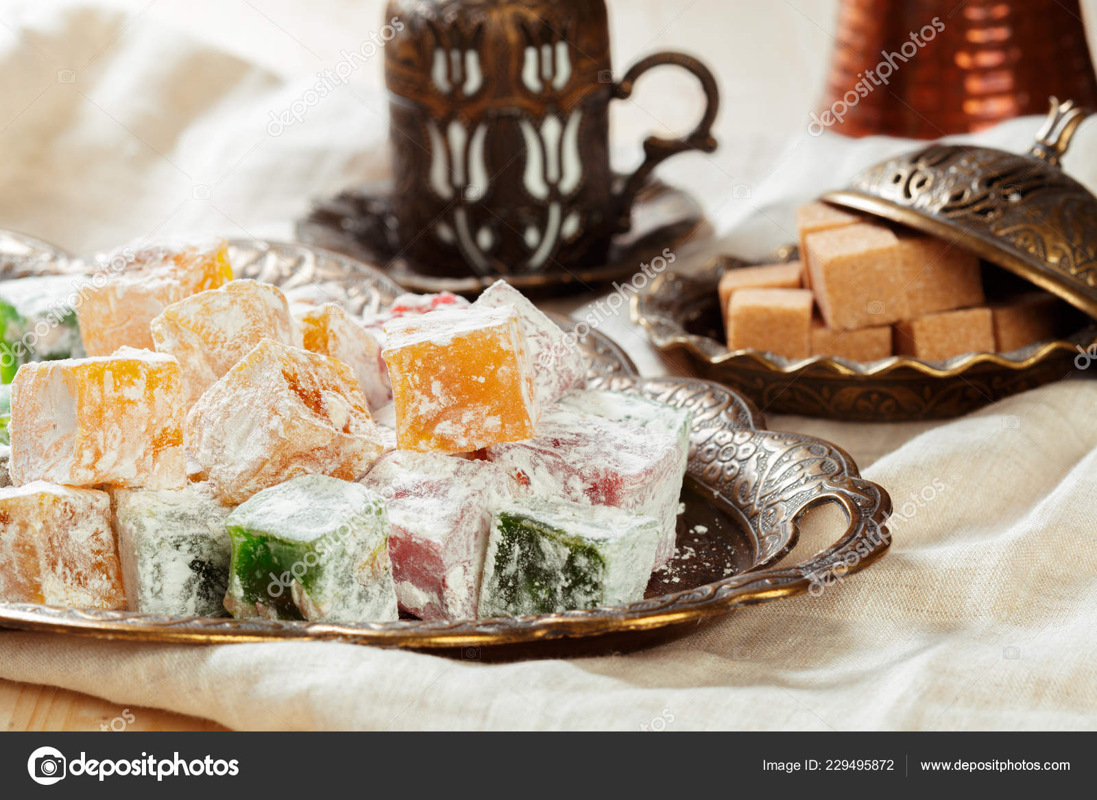 Close Turkish Delight Wooden Table — Stock Photo © Fotofabrika #229495872