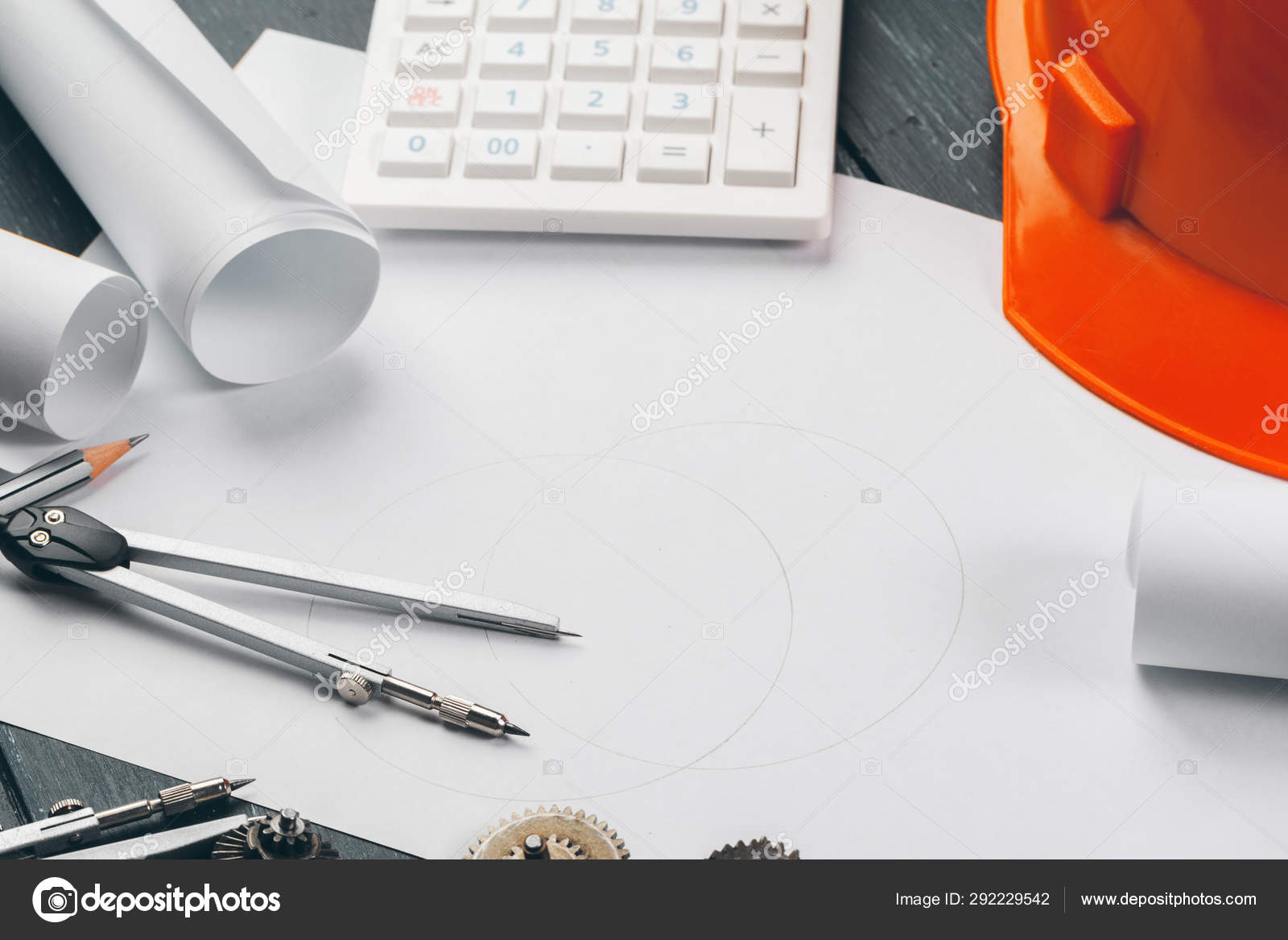 Engineer Workplace Blueprints Compass Pencil Safety Helmet — Stock ...