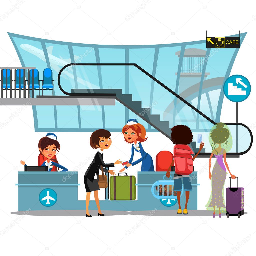 Check in aeropuerto con la señora en el mostrador y el hombre y la ...