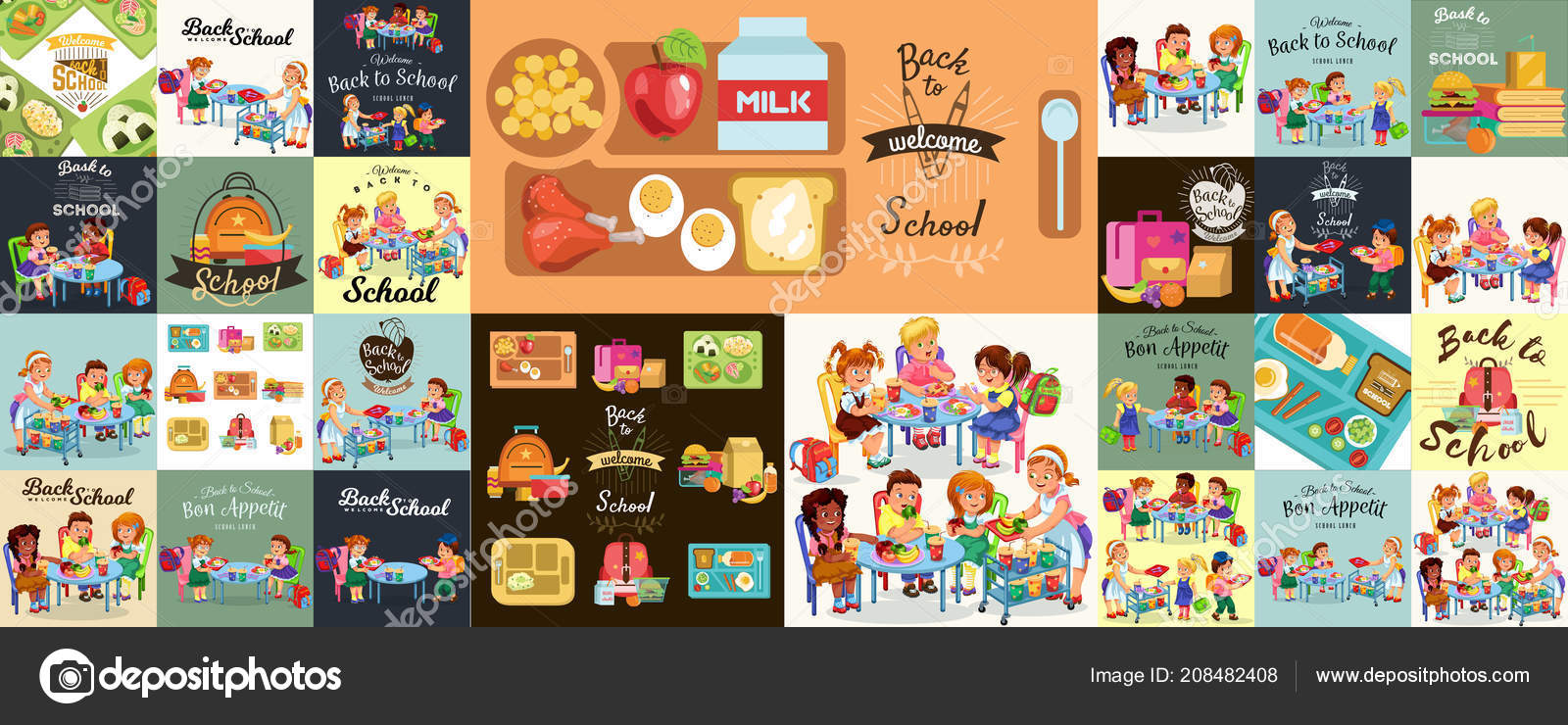 School lunch set, Composition of posters with pupils lunch canteen ...