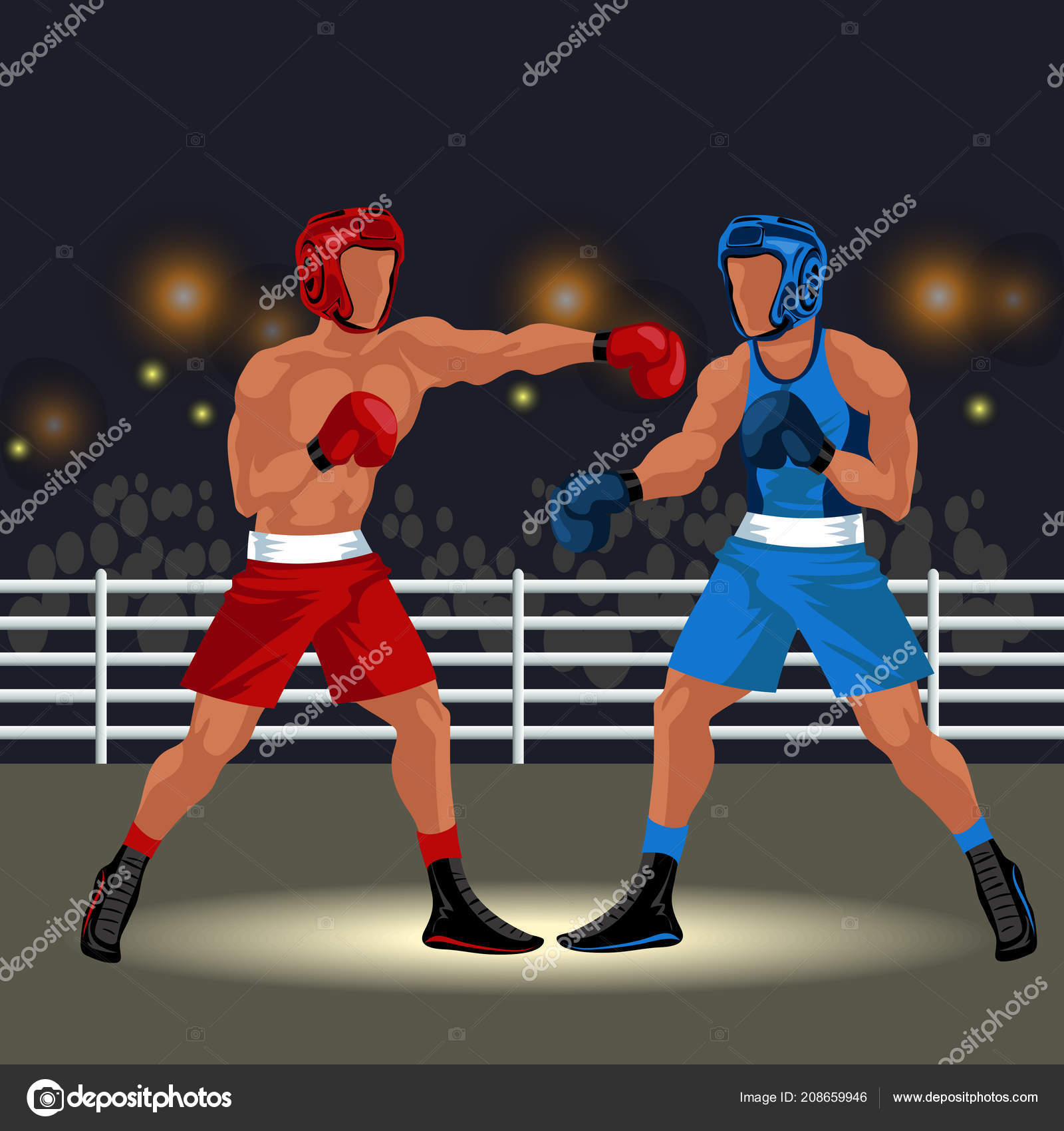 Boxing match in ring flat poster. Professional boxers in sportswear and ...