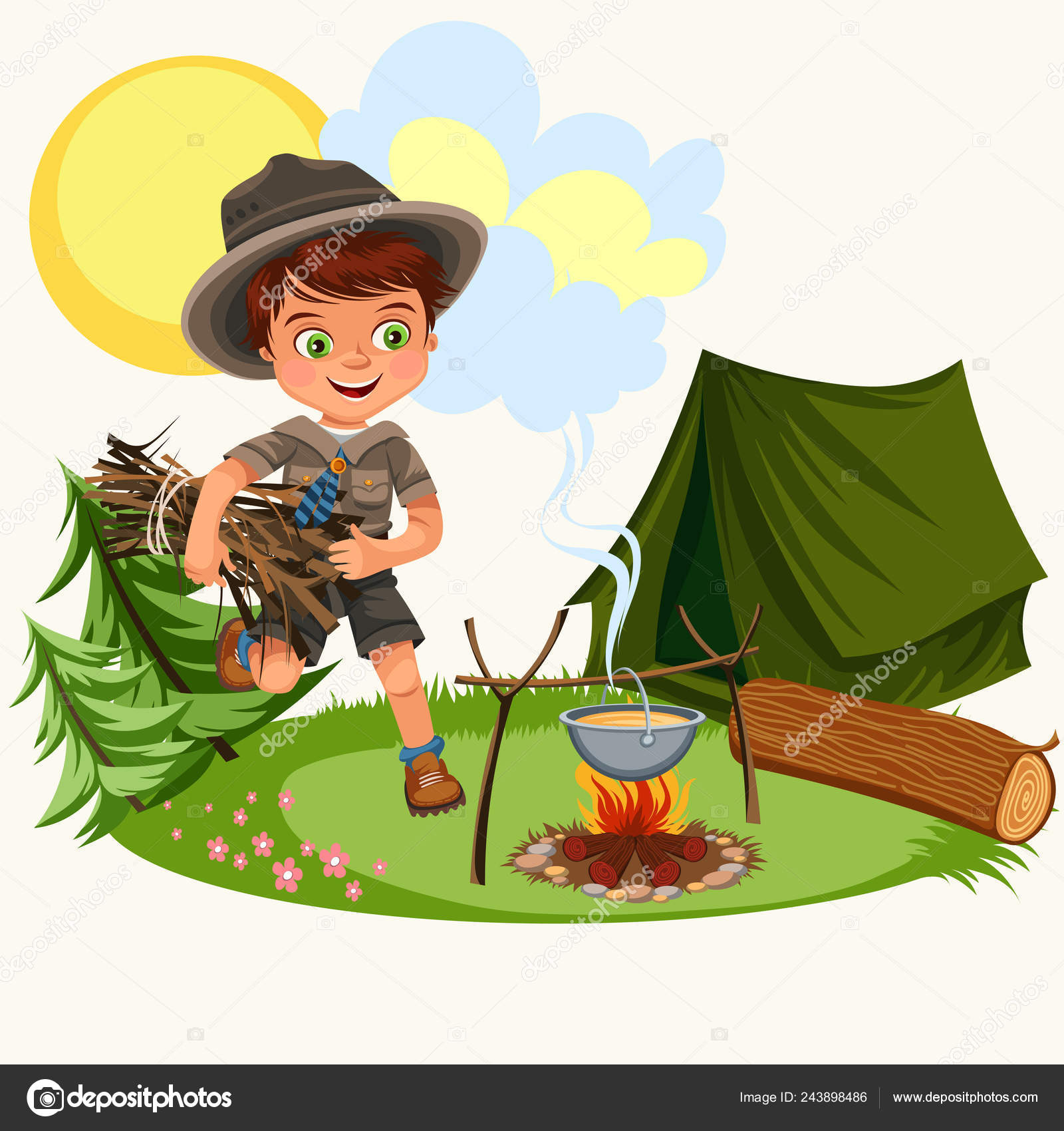 Cartoon young boy carrying firewood for fire to cook meal — Stock ...
