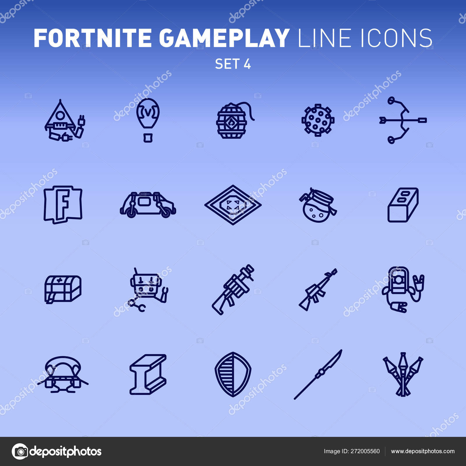 Fortnite epischen Spiel umreißen Symbole spielen. Vektorillustration ...