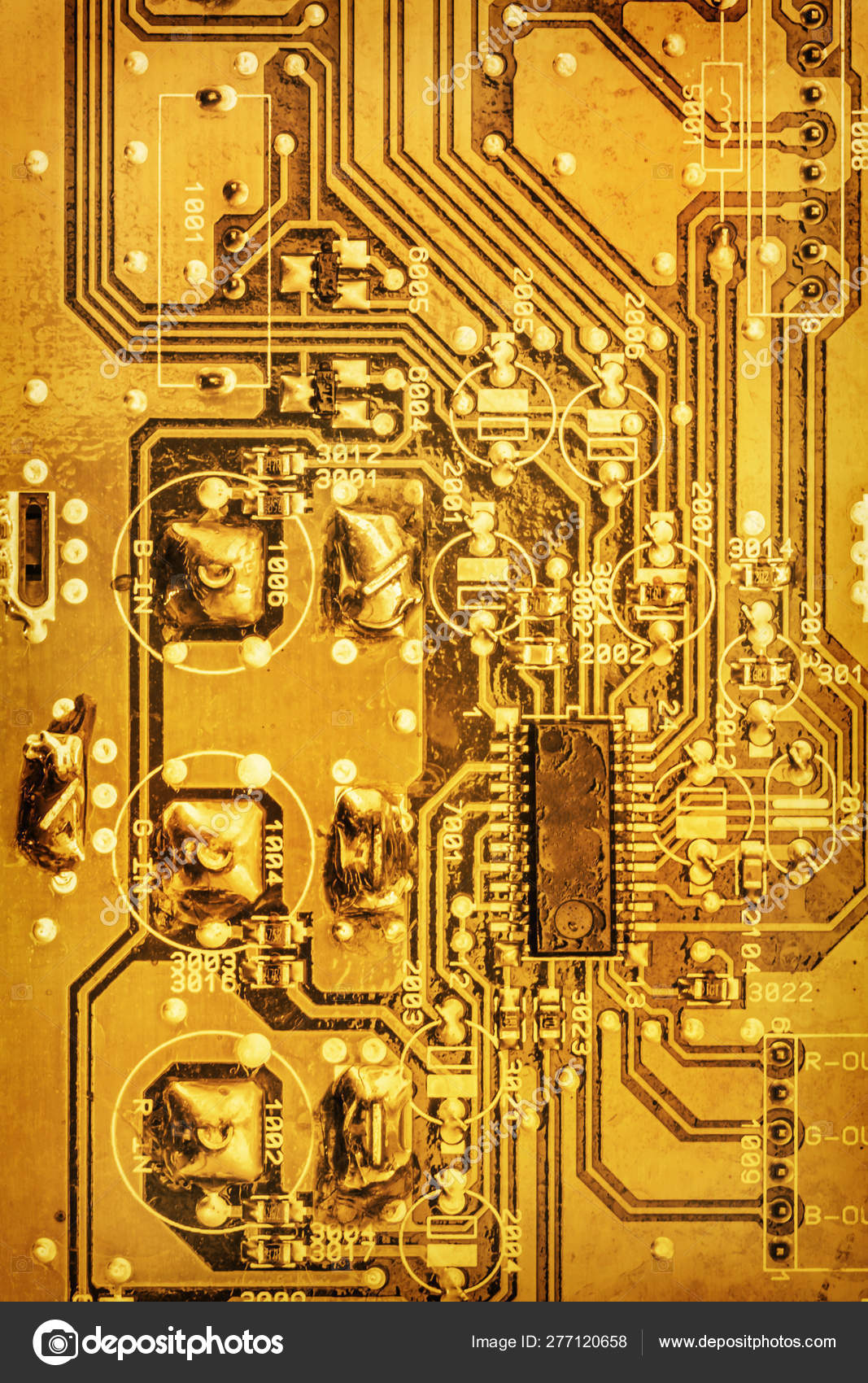 Microcircuit Motherboard Gold Colored Detail Vignette Background Stock ...