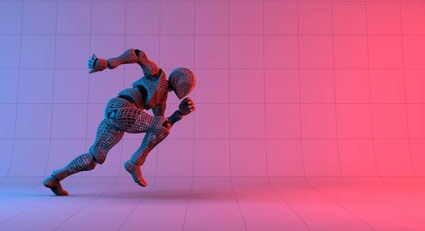 Robot wireframe fast run on gradient red violet background, 3d ...