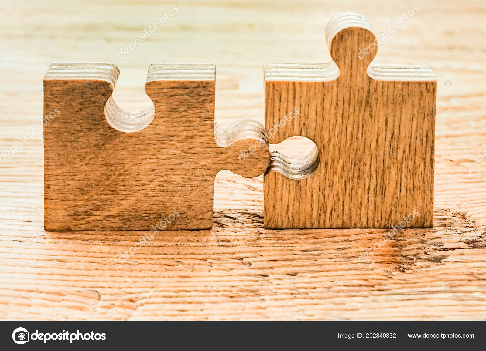 Two Wooden Puzzle Pieces Table Concept Connection People Stock Photo by ...